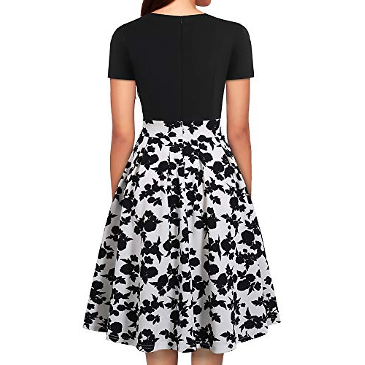 YATHON Women's Vintage Floral Flared A-Line Swing Casual Party Dresses with Pockets (S, YT018-Black White Flo)