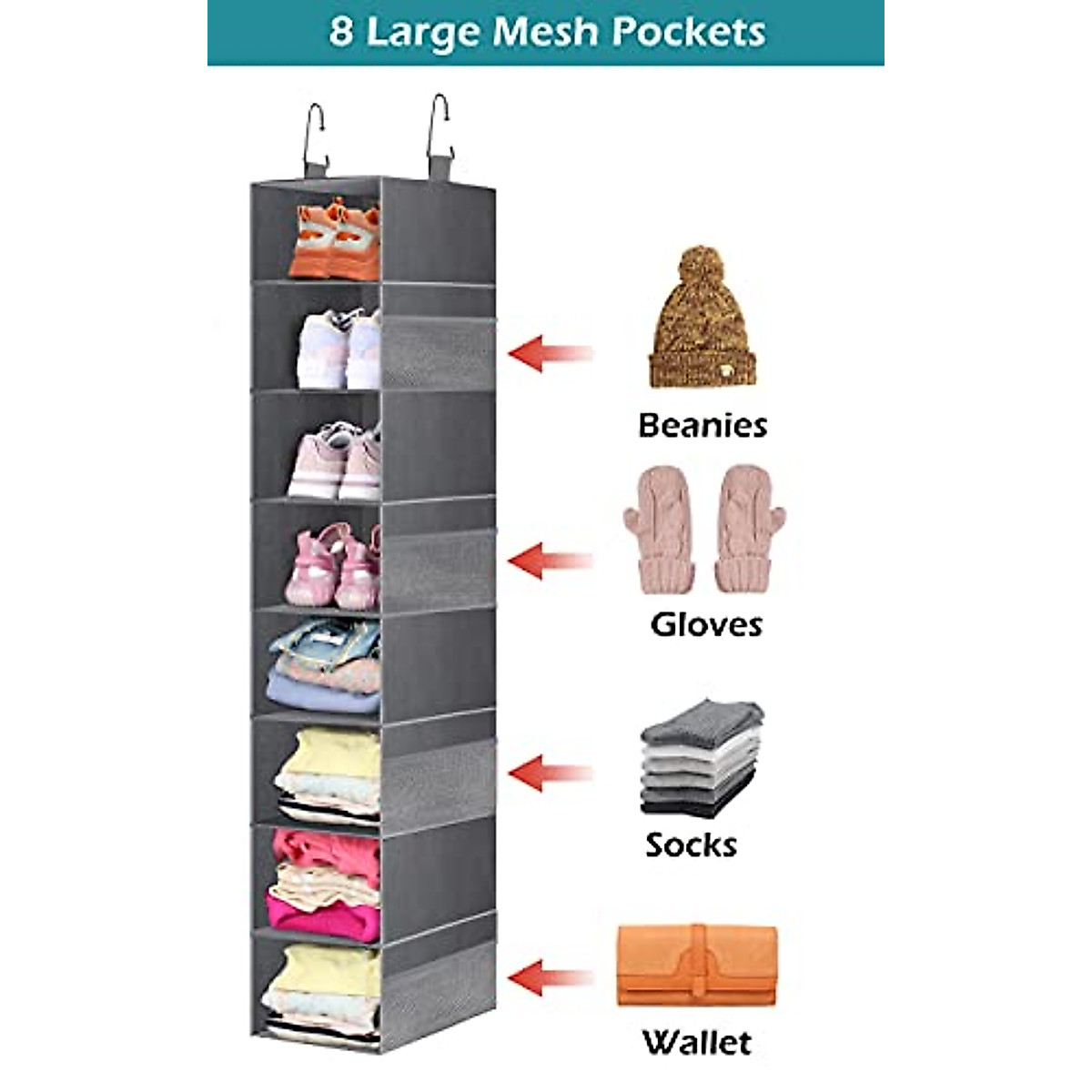 SLEEPING LAMB 8 Shelves Hanging Shoe Rack Wider Shoe Hanger Organizer for Closet Storage Clothes, Hats, Handbags, with 8 Mesh Pockets, Grey