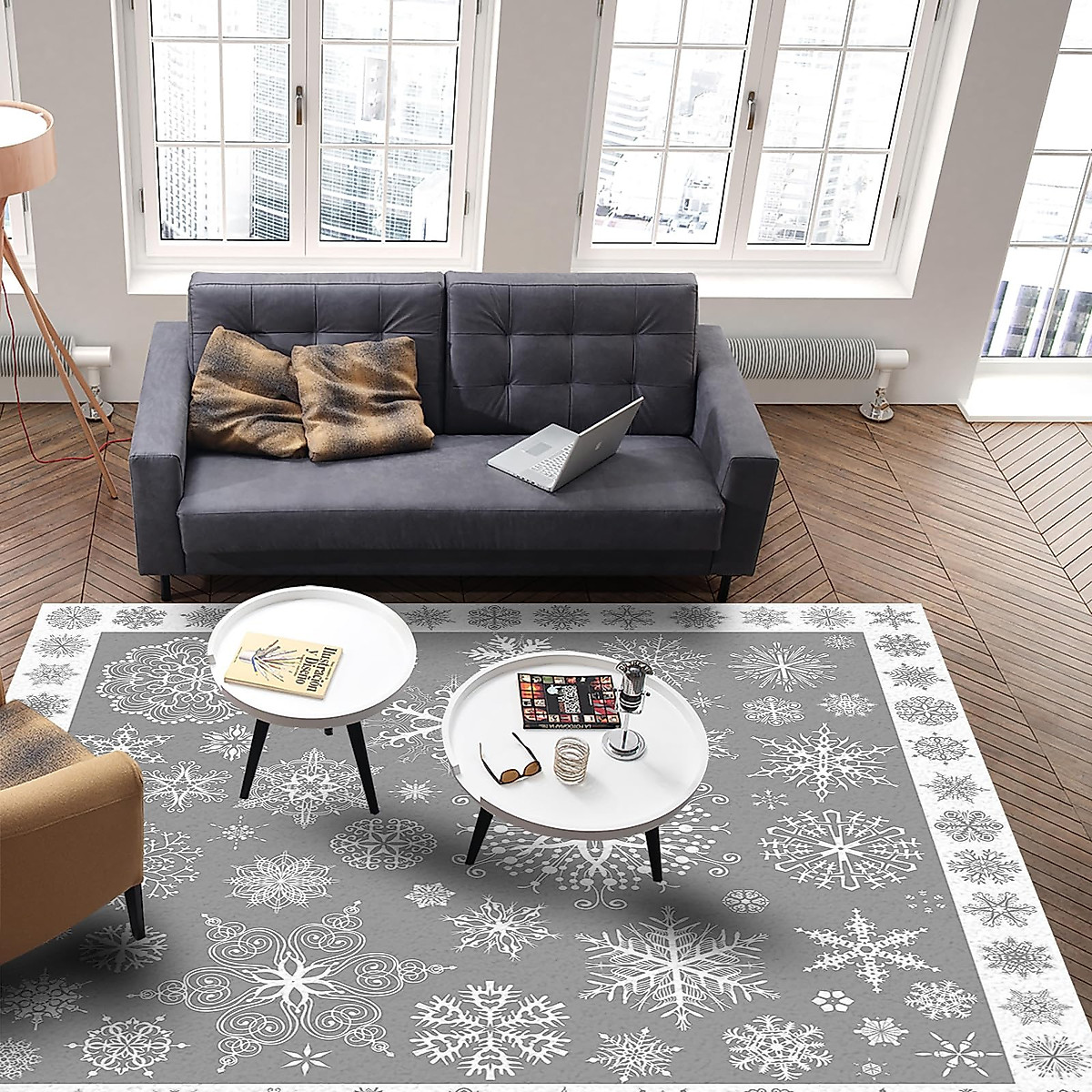 Grey Snowflake Christmas Area Rug for Living Room, Rectangular Indoor Carpet - 2' x 3', Xmas Winter Snowflake Gray Non-Skid Bathroom Mat Kitchen Runner Rugs for Bedroom