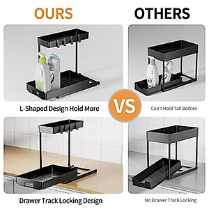 Delamu 2 Pack Under Sink Organizers and Storage, 2 Tier Pull Out Bathroom Cabinet Organizer, L-Shape Black Under Bathroom Kitchen Sink Organizer with Drawer for Under Sink Storage Organizer