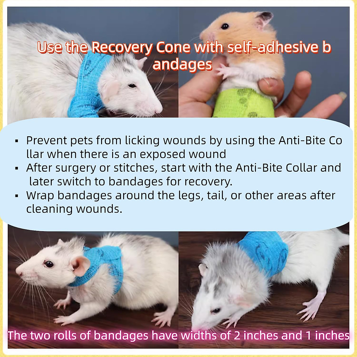 MANON ROSA Hamster Recovery Cone-E Collar & 2Pcs Self-Adhesive Bandages Set - Post Surgery Neckwear for Small Animals Rabbits Rats Ferrets Squirrels Chinchilla- Pet Medication Supplies(1C2B Small)