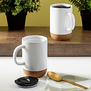 Gibson Home Modani 2 Pack Large 16.5 OZ Ceramic Mugs Set with Removable Cork Bottom and Lid - White