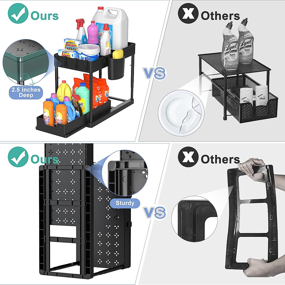 2 Pack Under Sink Organizers and Storage, 2 Tier Black Bathroom Cabinet Organizer with 4-Height Adjustable Telescopic Tube,4 Removable Dividers,4 Hooks,1 Cup,Bathroom Under Sink Organizer for Home