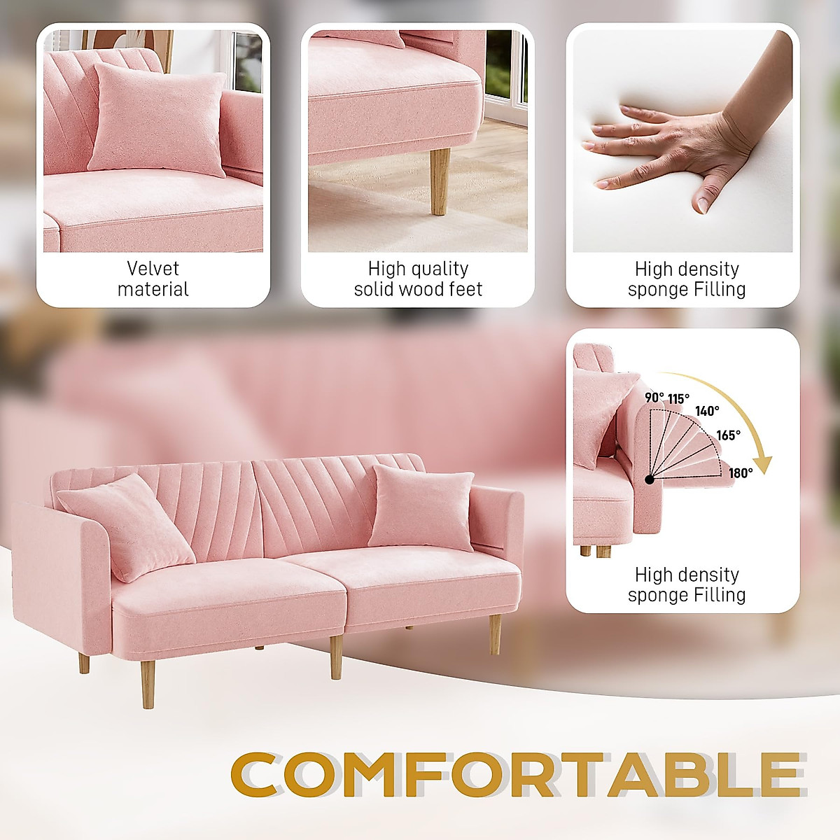 Nolohoo Velvet Futon Sofa Bed, Futon Couch, Small Sofa 75.3" Upholstered Comfy Loveseat Sleeper Sofa with Adjustable Armrests, Mid Century Couches for Living Room, Bedroom, Pink, Velvet