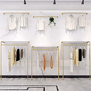 MDEPYCO Modern Simple Industrial Pipe Hanging Rods Clothing Rack,Retail Display Wall Mounted Storage Clothes Hanging Shelf, Wood Garment Rack (Gold, 47.2" L)