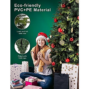 7.5ft Artificial Christmas Tree Holiday Xmas Tree w/ 1,400 Branch Tips, Christmas Tree Decorations, Christmas Tree Stand Metal Hinges & Foldable Base, Easy Assembly for Home, Office, Party Decoration