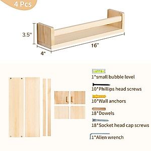 Fun Memories Nursery Book Shelves - Rustic Natural Solid Wood Floating Bookshelf for Kids - Wall Book Shelves for Kids Room (Natural, 16inch - 4P)