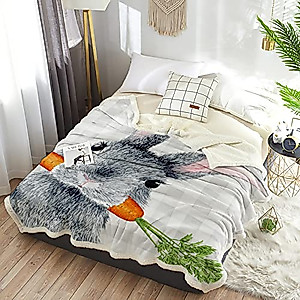 Sherpa Blankets Fleece Throw Blanket Reversible Soft Cozy Bed Blankets Easter Watercolor Bunny with Carrot,Flannel Sofa Throws,Grey and White Buffalo Plaid Fuzzy Warm Blankets for Couch,50x80in