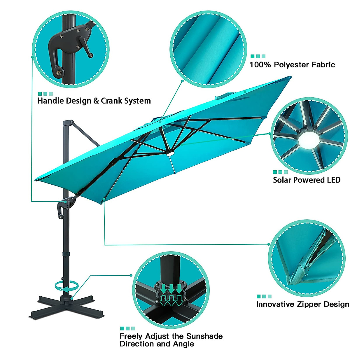 Sunnyglade 10x10ft Solar Powered LED Cantilever Patio Umbrella Square Deluxe Offset Umbrella 360°Rotation & Integrated Tilting System & LED lights for Market Garden Deck Pool Backyard Patio