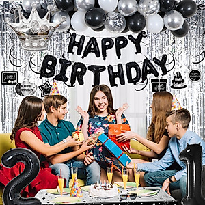 Black and Silver 21st Birthday Decorations for Him Her, Black and White 21 Birthday Party Decorations for Men Boys, Black Silver Happy 21st Birthday Banner Balloons Fringe Curtains Table Cloths Women