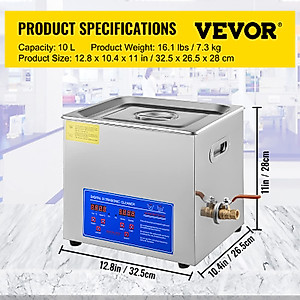 VEVOR Professional Ultrasonic Cleaner 10L/2.5 Gal, Easy to Use with Digital Timer & Heater, Stainless Steel Industrial Machine for Jewelry Dentures Small Parts, 110V, FCC/CE/RoHS Certified