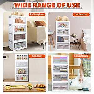 4 Tier Plastic Storage Bins, Folding Storage Organizer with Drawers, Clear Large Storage Containers with Lids and Magnetic Switch-15 * 11 * 31 inch Stackable Organizers for Home, Office, Bedroom