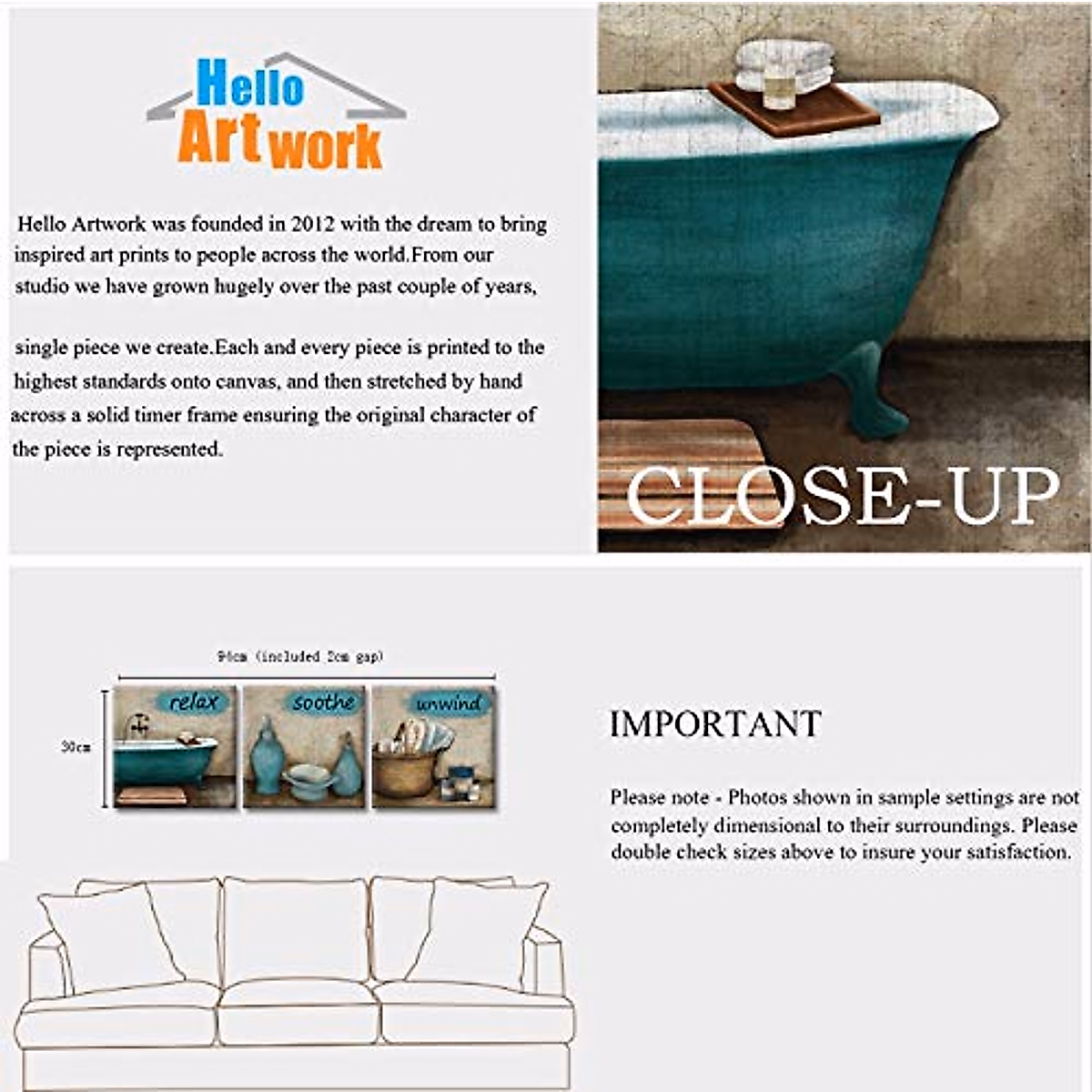 iHAPPYWALL 3 Pieces Bathroom Canvas Wall Art Teal Style Bathtub Bath Set Towel Relax Soothe Unwind Bathroom Still Life Picture Poster Print On Canvas Stretched and Framed Ready To Hang