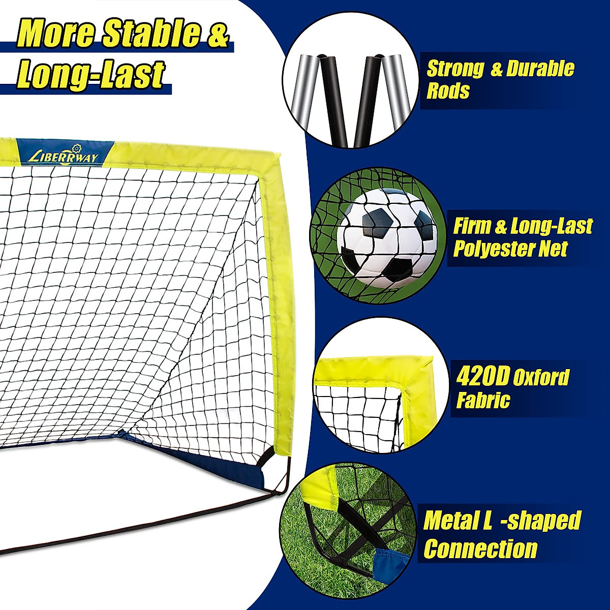 LIBERRWAY Soccer Goal 4'x 3' Portable Kids Soccer Goals for Backyard or Indoor Pop Up Soccer Net with 6 Training Cones, Carrying Bag, 8 Ground Stakes, 2 Set