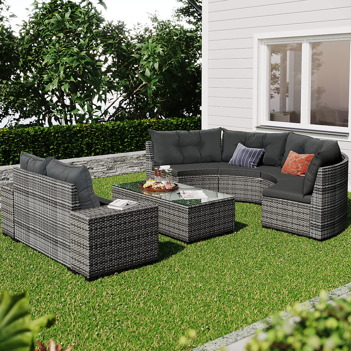 Merax 8-Pieces Outdoor Wicker Round Sectional Curved Sofa Set with Rectangular Coffee Table, PE Rattan Water-Resistant and UV Protected, Movable Cushion, Half-Moon Style, Grey_8Pcs