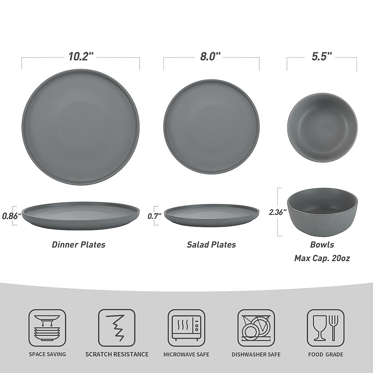 Famiware Dawn Plates and Bowls Sets, 12 Pieces Stoneware Dinnerware Sets, Dishes Set for 4, Microwave and Dishwasher Safe, Dark Gray