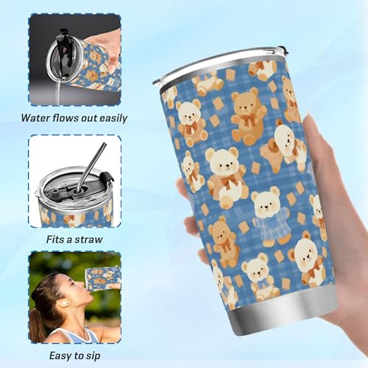 sanluoli Cartoon Bears Cute Plaids Stainless Steel coffee cup with Lid and Straw mugs for coffee for camping reusable insulated tumbler with lid 20 OZ