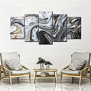 Abstract Canvas Wall Art, Black and Gold Office Wall Decor 5 Piece Set 60"W x 32"H, Large Modern Minimalist Grey Fluid Marble Texture Pictures Painting Artwork for Living Room Bedroom Home Decorations
