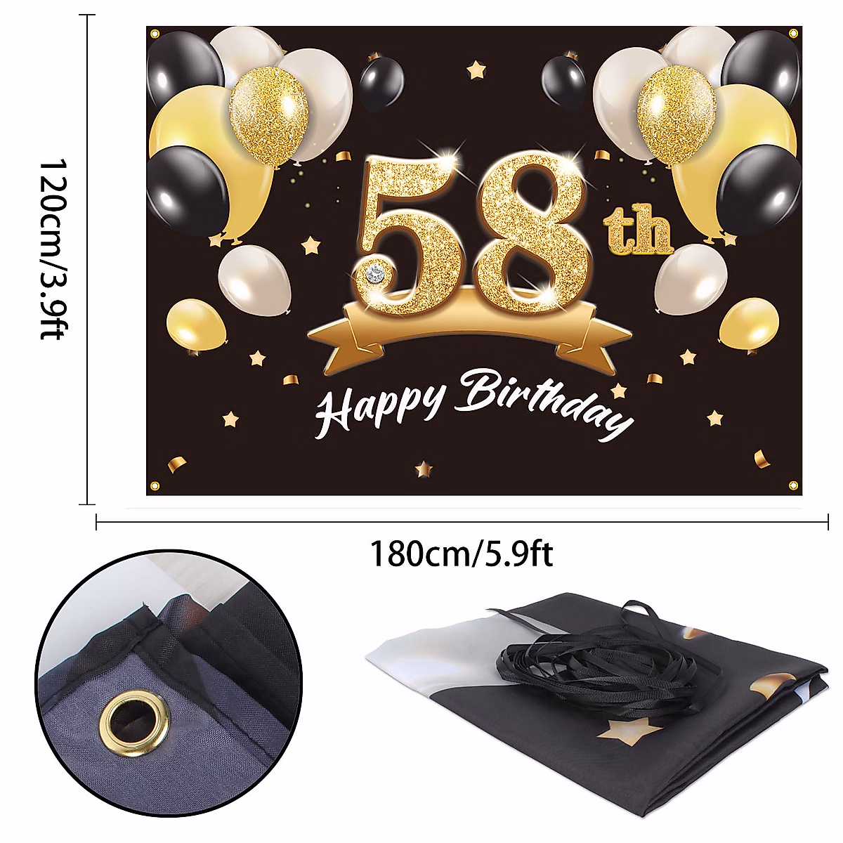 PAKBOOM Happy 58th Birthday Banner Backdrop - 58 Birthday Party Decorations Supplies for Men - Black Gold 4 x 6ft