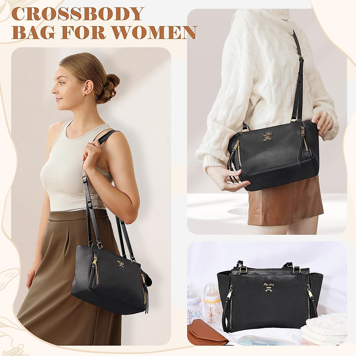 miss fong Small Diaper Bag Mini Diaper Bag, Crossbody Diaper Bags, Diaper Bag Purse, Diaper Clutch with 7 Diaper Bag Organizers,2 Insulated Pockets and Adjustable Shoulder Strap(Black)