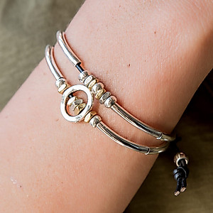 Lizzy James Optimism 2 Strand Black Leather and Silver Adjustable Bracelet with Silver and Gold Plated Beads