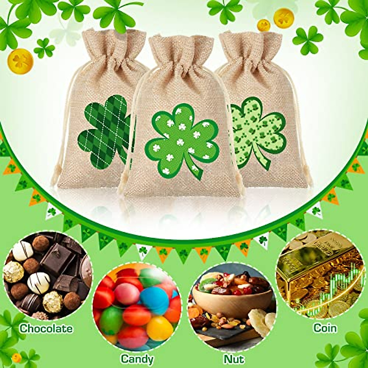 32 Pieces St Patricks Day Bags, St. Patricks Drawstring Bag, Shamrock Burlap Bags, St Patricks Day Goodie Bag Clovers Burlap Gift Bags Linen Treat Bags for Kids Irish Party Favors Supply