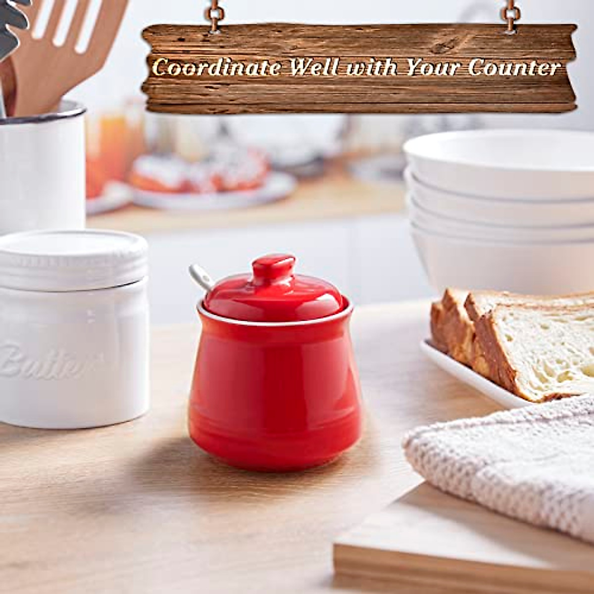 DAYYET Sugar Bowl with Lid and Spoon, 12 oz Ceramic Sugar Bowl with Spoon, Sugar Container for Coffee Bar, Sugar Jar Sugar Dispenser Bowl, Red Kitchen Decor and Accessories