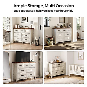 LINSY HOME Dresser for Bedroom, 7 Drawer Dresser with Metal Handles, White Chest of Drawers for Living Room, Entryway and Hallway, White Beige