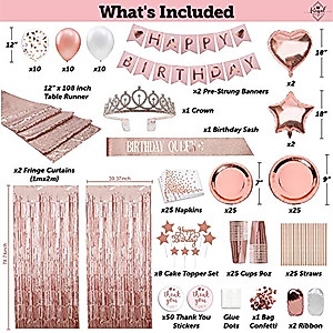 225 Pc Rose Gold Birthday Party Decorations Kit for Girls, Teens Or Women - Happy Birthday Pre-Strung Banners, Curtains,Table Runner, Balloons, Sash, Tiara, Cake Toppers, Plates, Cups, Napkins Straws for 25 Guest & Thank You Stickers