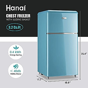 WANAI Compact Refrigerator 3.2 Cu.Ft Classic Retro Blue Refrigerator 2 Door Mini Refrigerator Adjustable Remove Glass Shelves Refrigerator Suitable for Dorm Garage and Office