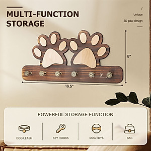 MTERSN Farmhouse Key Holder for Wall - Decorative Dog Leash Hanger Wall Mounted and Coat Rack with 5 Unique 3D Dog Claw Hooks - Dog Accessories Organizer for Rustic Home Decor（Brown）