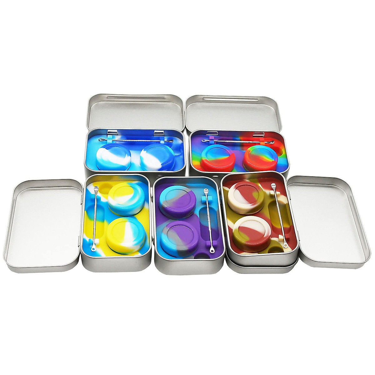 vitakiwi Portable 5ml Wax Silicone Containers Jars Non-stick with Stainless Steel Spoon and Tin Carrying Box, Multi-color (Set of 5)
