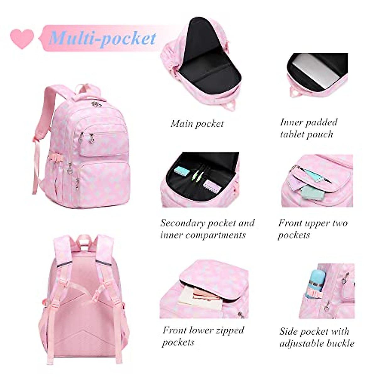 3Pcs Gradient Girls Backpacks Bookbags Set for School with Matching Insulated Lunchbox and Pencil Case