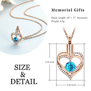 shajwo Cremation Jewelry Heart Urn Necklace for Ashes for Women Gilrs Memorial Keepsake Birthstone Pendant,Rose Gold-Light Blue