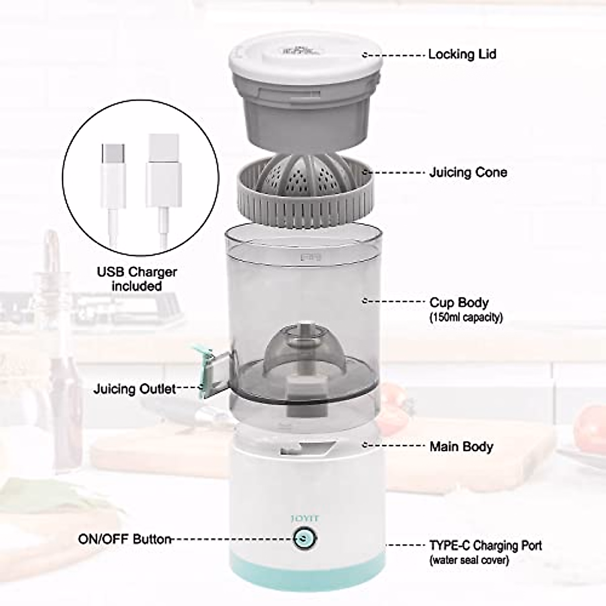 JOYIT Orange Juice Squeezer – USB Rechargeable Electric Citrus Juicer, Wireless Portable Orange Juice Machine, Premium Electric Juicer for Lemon Tomato Grape Watermelon (White)