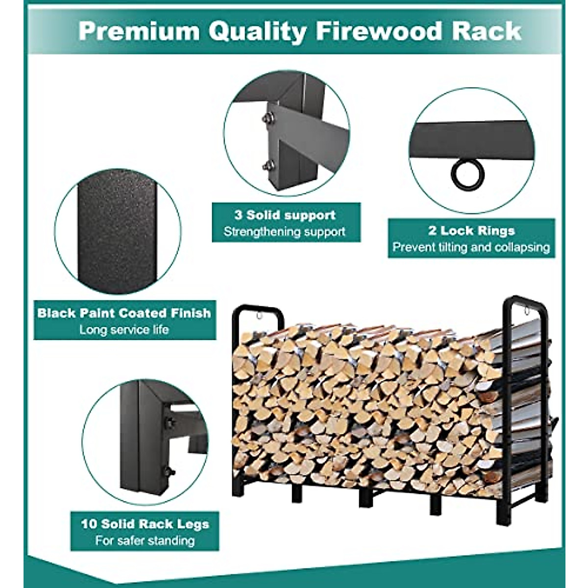 Fandature 8Ft Firewood Rack Adjustable Fireplace Wood Holder For Outdoor Indoor Storage Log-Heavy Duty Fire Log Lumber Stand Stacker, Black