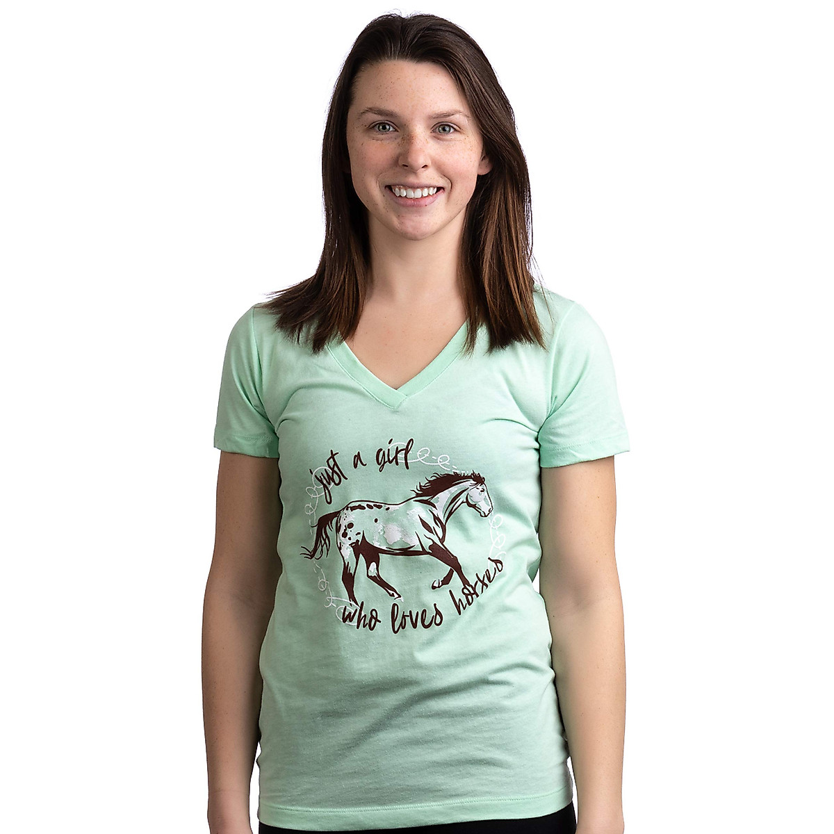 Ann Arbor T-shirt Co. Just a Girl who Loves Horses | Cute Girl Riding Rider V-Neck T-Shirt for Women-(Vneck,M) Mint