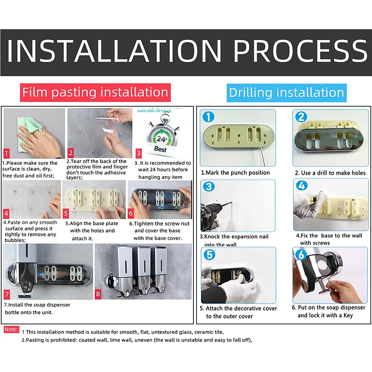 Wall Mounted Bathroom Shower Pump Dispenser,Soap Shampoo Conditioner Dispenser Wall Mount, Liquid Soap Dispenser for Hotel, Home, School,Kitchen 【500ml Black -Non Drill +Drill 】