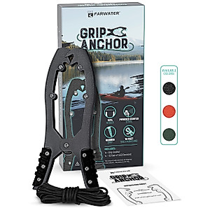 FARWATER Canoe Anchor Grip - Boat, Float Tube & Kayak Fishing Accessories, Kayaking Equipment - Brush Clamp Anchor with Teeth - Gripper with 15ft Paracord - Rubber Grips - Coated Steel - Black