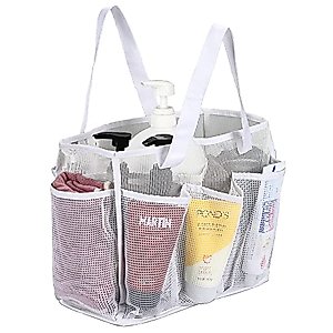 Qimodo Mesh Shower Caddy Tote with V-separated Compartment,Heavy Duty Toiletry Bath Basket Bag for Dorm College Gym Camping (White)