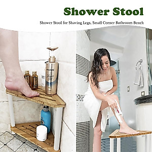 Bamboo Corner Shower Stool with White Metal Legs, Waterproof Shower Stool for Inside Shower Shaving Leg,Shower Foot Rest with Storage Shelf, Small Spaces,Bath Seat,Shower Bench