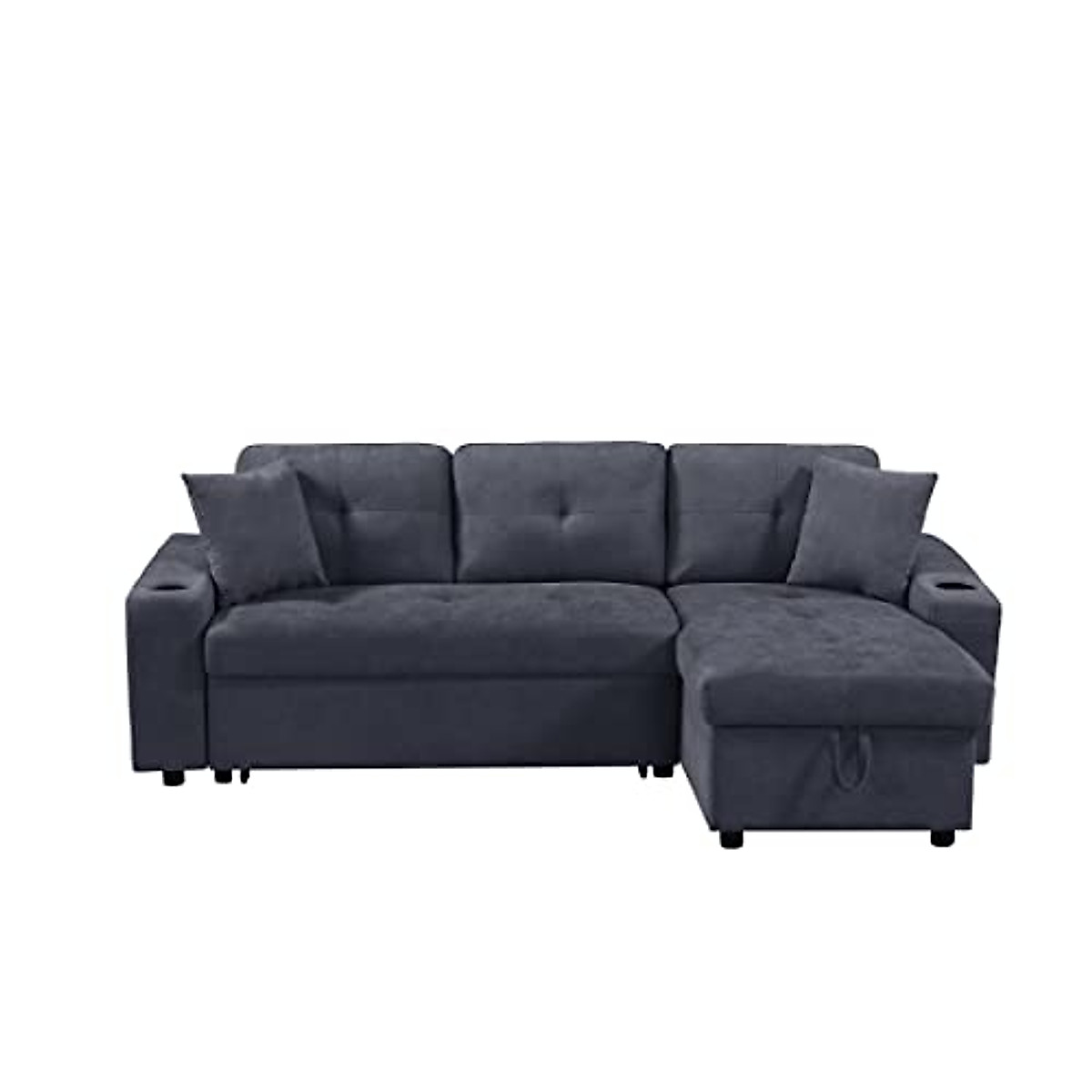 Longrune Modern Velvet Sectional Convertible with 2 Cupholders and Two Side Pockets,Reversible Pull Out Couch Storage Chaise Lounge for Living Room Apartment, Dark Gray