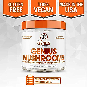 Genius Mushroom - Lions Mane, Cordyceps and Reishi - Immune System Booster & Nootropic Brain Supplement - for Natural Energy, Memory & Liver Support, 90 Veggie Pills