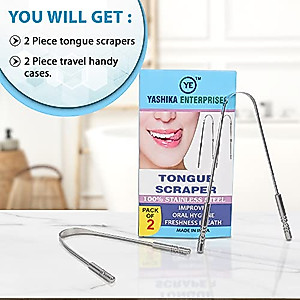 Yashika Enterprises Tongue Scraper with 2 Travel Cases, Reduce Bad Breath, 100% Stainless Steel Tongue Cleaners, Tongue Scrapers Fresher Breath in Seconds Pack of 2