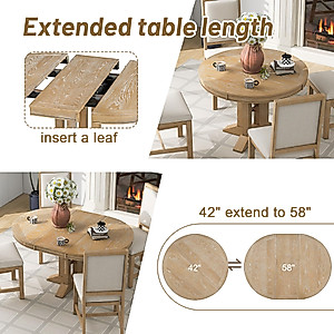 GINGVAT 5-Piece Farmhouse Style Extendable Round Dining Table Set,with 4 Upholstered Chairs,for Living Room,Kitchen, Natural Wood Wash