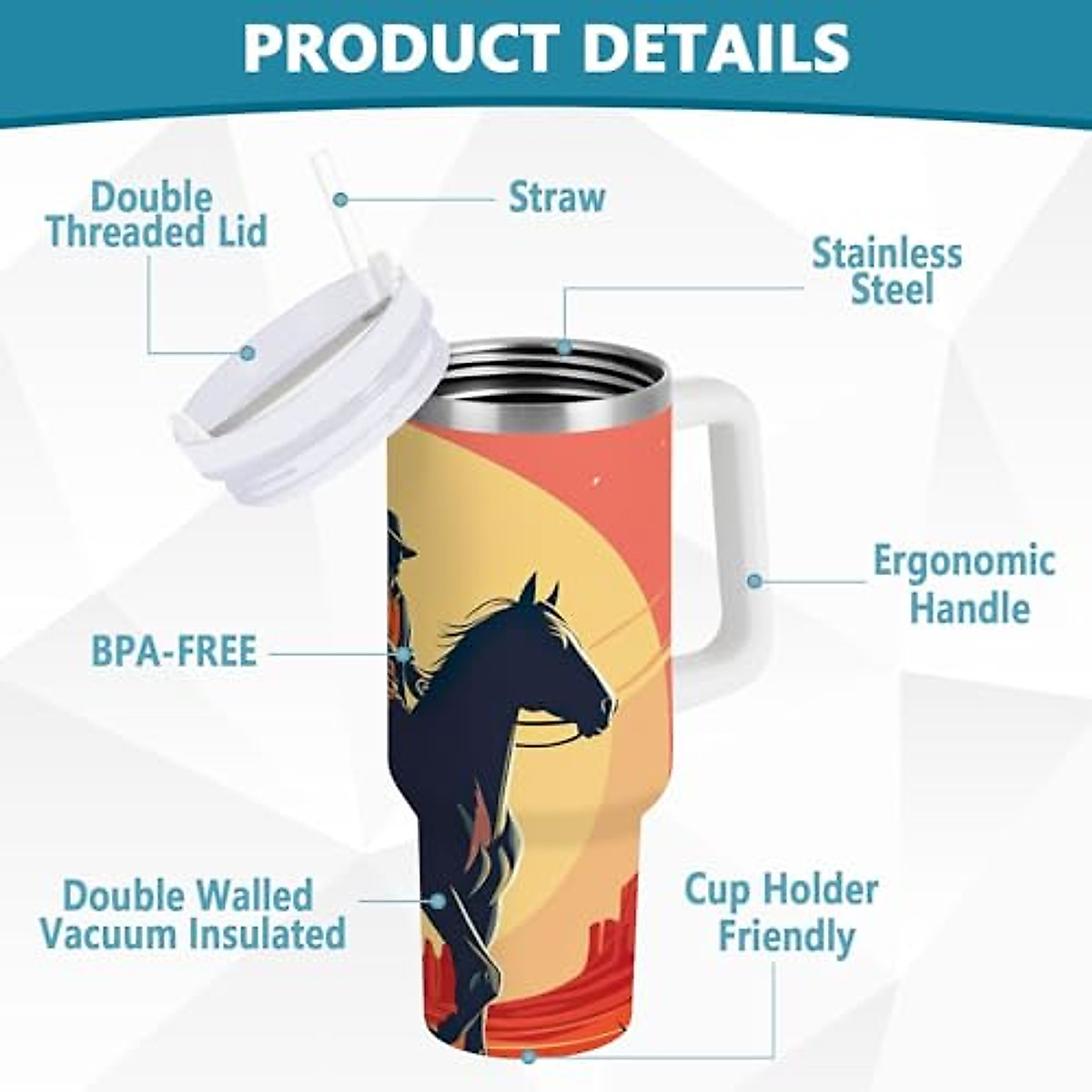 ODAWA Large Cowboy Desert Stainless Steel Insulated Tumbler with Handle and Straw Travel Insulated Tumblers
