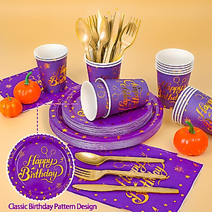 168PCS Purple Birthday Decorations, Purple and Gold Birthday Plates and Napkins Party Supplies--Disposable Purple Birthday Paper Plates,Cup,Napkin,Cutlery for Purple and Gold Birthday Party Decoration