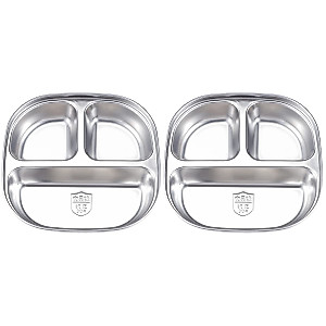 2 Pack Stainless Steel Divided Plate Small Child Plate with 3-Compartment, Portion Control Serving Platter, Mess Food Sectioned Tray for Dinner, Lunch, Cafeteria, Kids 6 inches