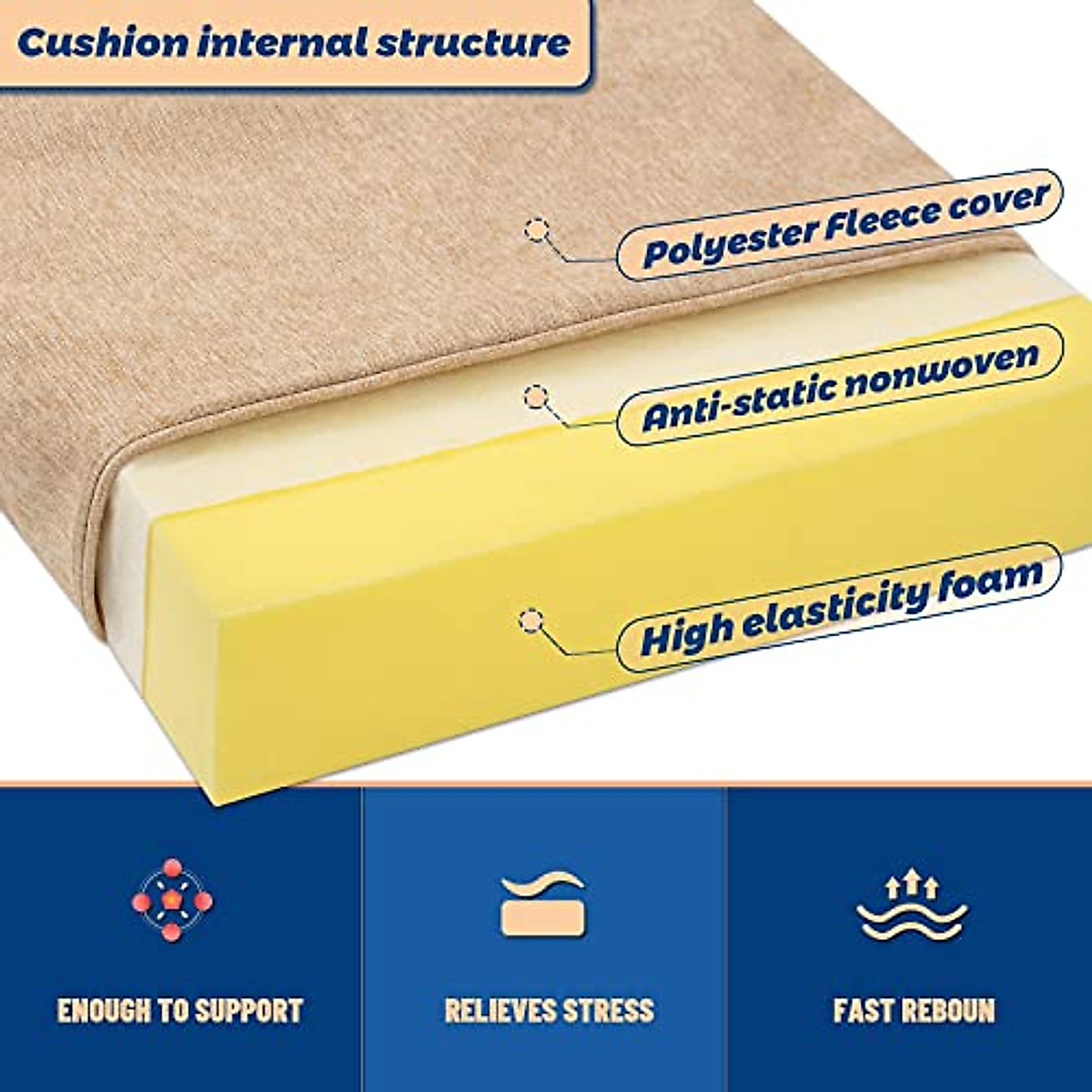 sutailocus Bench Cushion Double Piping Indoor/Outdoor Bench Cushion Bench Cushions for Indoor Furniture, Indoor Window/Piano/Porch Swing Cushion with Adjustable Ties (36x14x3, Khaki)