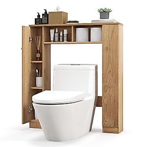 LOKO Over The Toilet Storage Cabinet, Freestanding Above Toilet Organizer with Double Doors, 2 Open Compartments & 4 Adjustable Shelves, Bathroom Space Saver, Laundry Room Storage Rack (Natural)